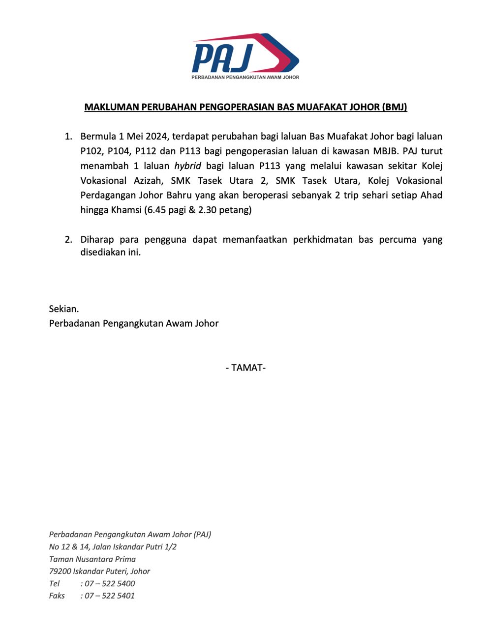 Makluman Perubahan dan Penambahan Laluan Baharu Bas Muafakat Johor (BMJ ...